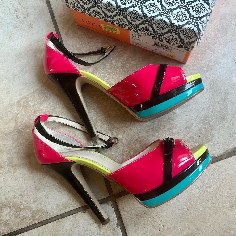 Patent Leather Neon Color Block Platform Heel - Gem
